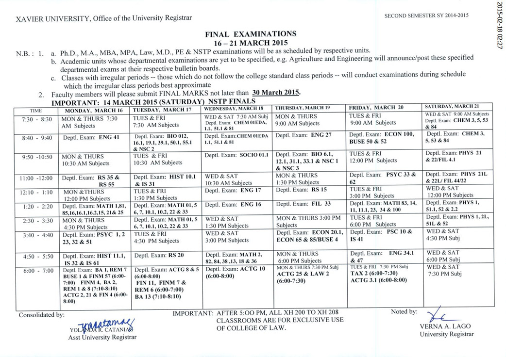 Xavier University - Examination Schedule