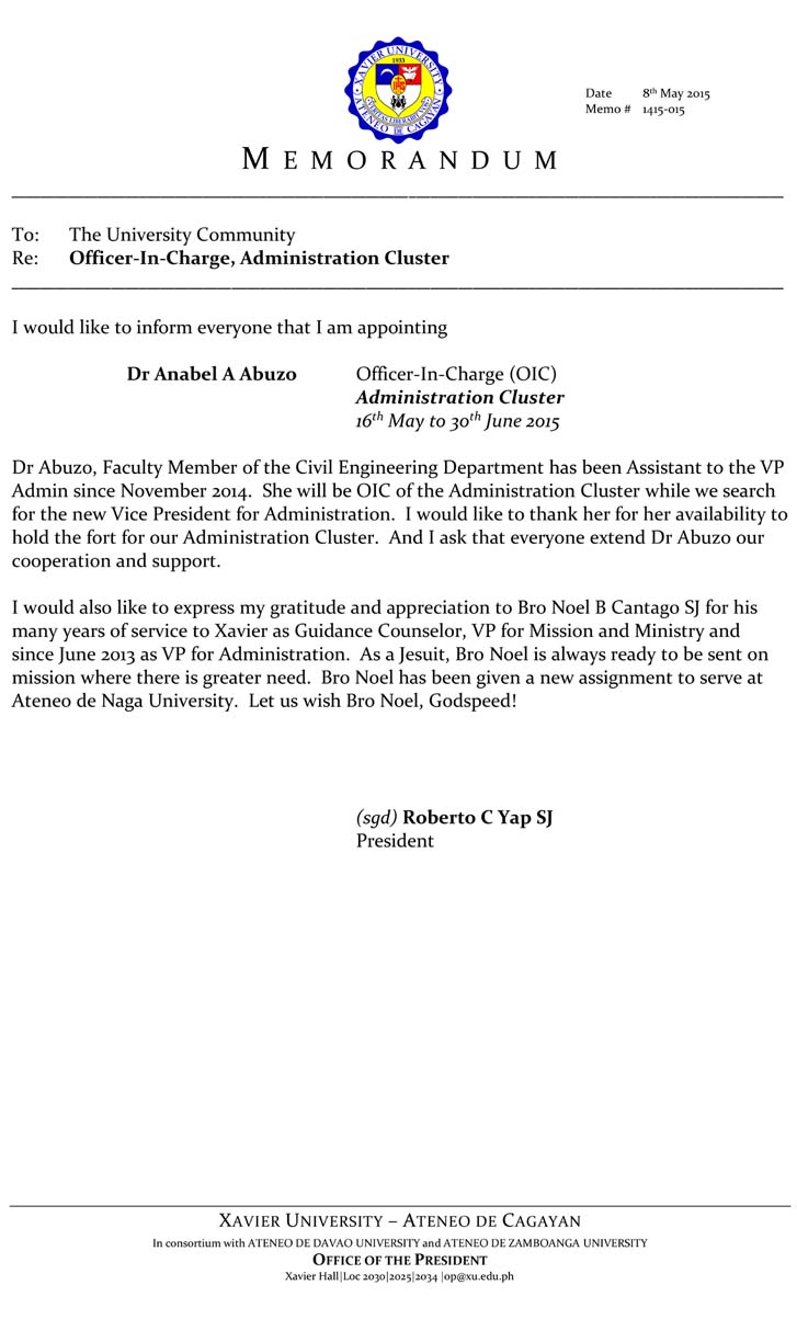 Xavier University - Officer-In-Charge, Administration Cluster