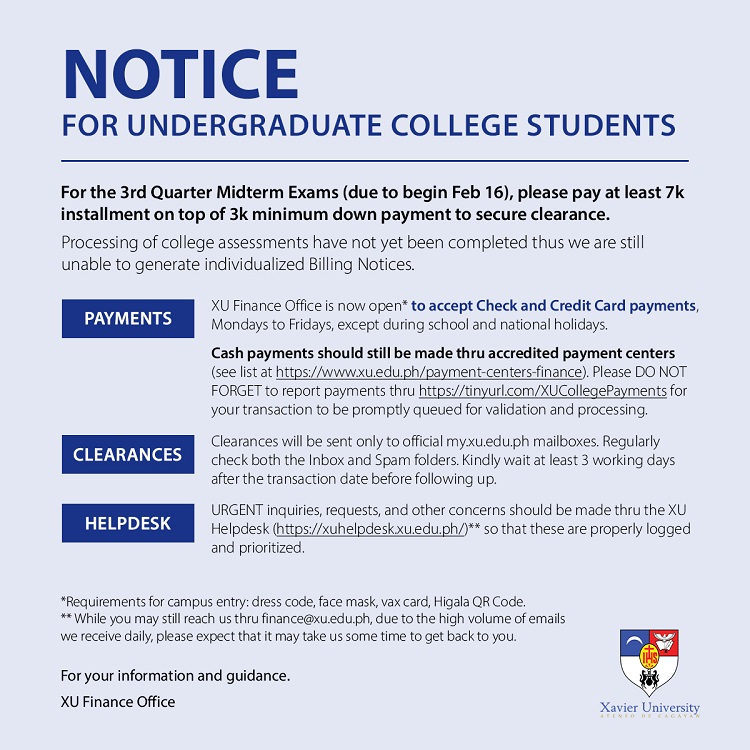 Xavier University - Important Reminders from Finance