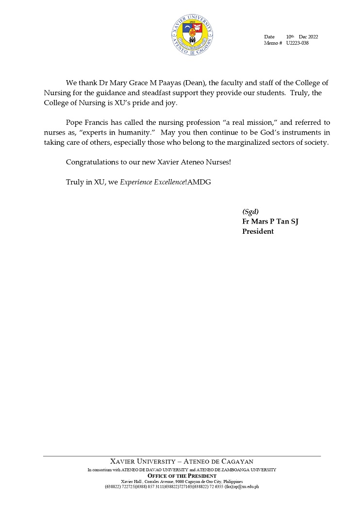 Xavier University - Memo #U2223-038 — New Xavier Ateneo Nurses Xavier University - Memo #U2223-038 — New Xavier Ateneo Nurses