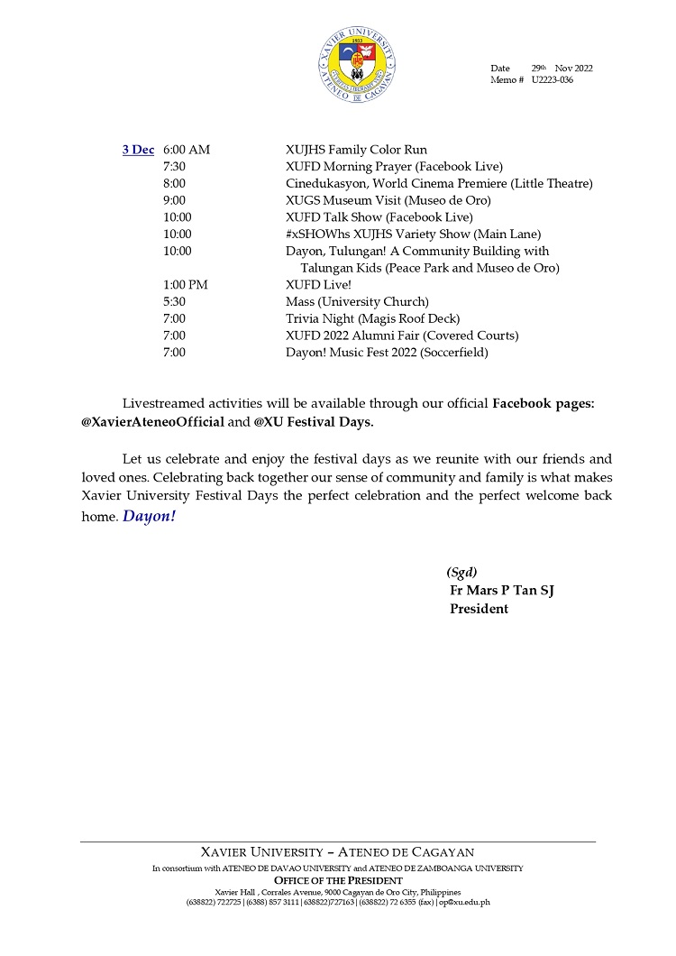 Xavier University - Memo #U2223-036 — Xavier University Festival Days 2022 Xavier University - Memo #U2223-036 — Xavier University Festival Days 2022